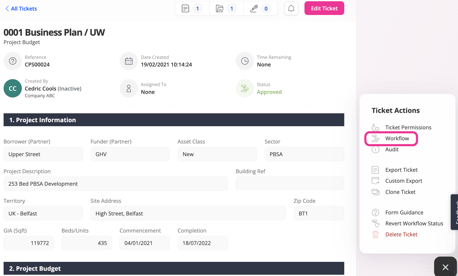 Ticket workflow actions